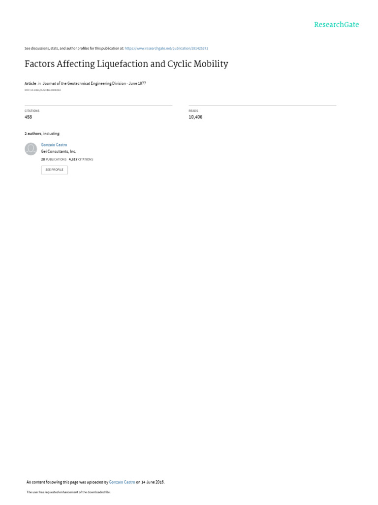 Castro Poulos 1977 Factors Affecting Liquefactionand Cyclic Mobility | PDF