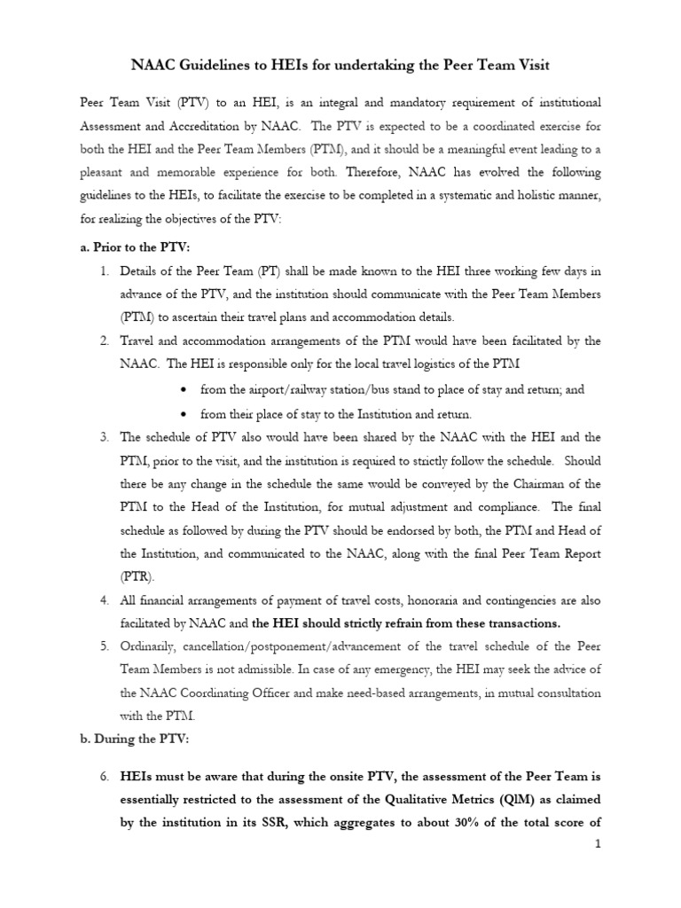 Guidelines To HEIs On Peer Team Visit | PDF