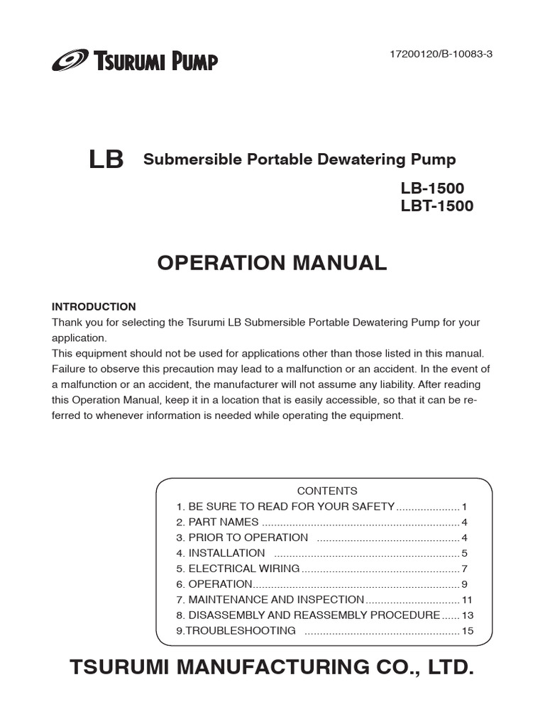 Tsurumi LB Dewatering Pump Manual | PDF | Electrical Connector | Pump