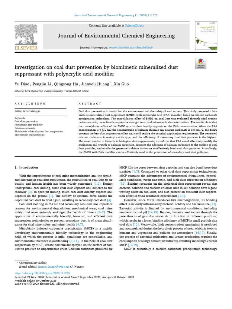 Journal of Environmental Chemical Engineering: Yu Diao, Pengjin Li, Qingsong Hu, Jianyou Huang ...