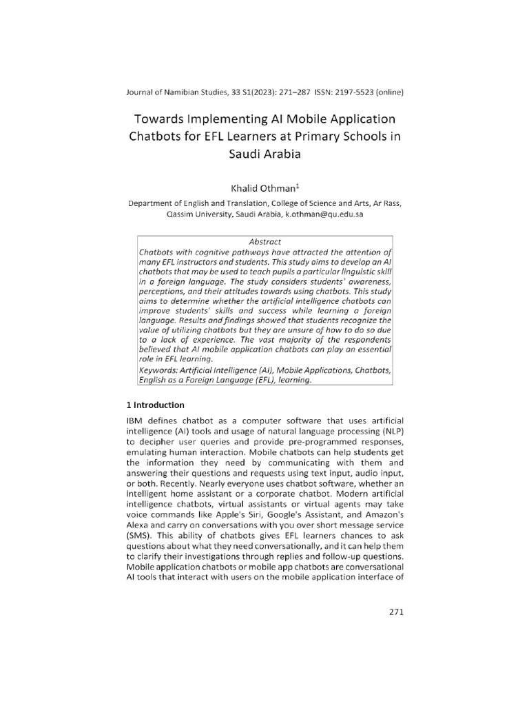 Towards Implementing AI Mobile Application Chatbots For EFL Learners | PDF
