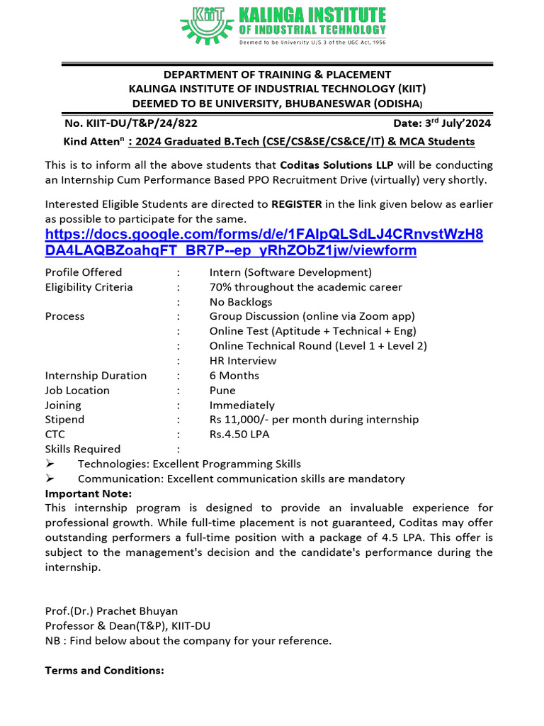 Registration For Coditas Solutions LLP Internship Cum PPO Recruitment ...