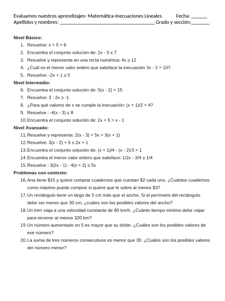 Practica Inecuaciones Lineales 2do de Secundaria | PDF