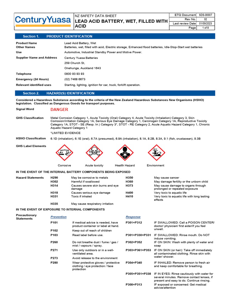 Sds 00007 NZ Lead Acid Battery Wet | PDF