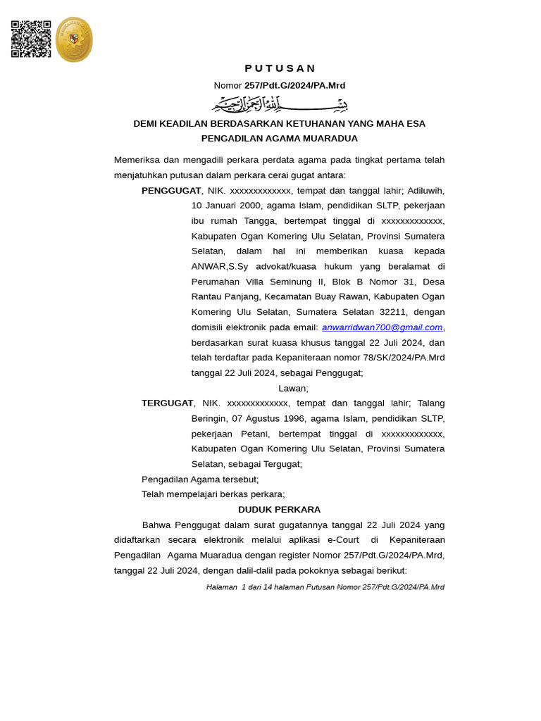 Putusan 257 PDT.G 2024 Pa - MRD 20240821202747 | PDF