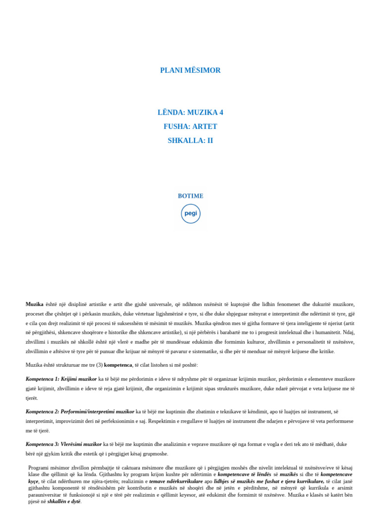 Muzika 4 - Plani Mesimor | PDF