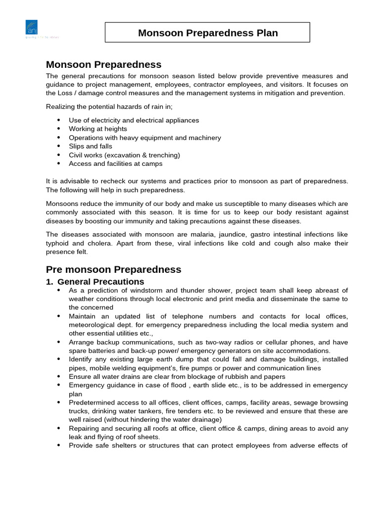 Monsoon Preparedeness Plan - ANJ TPPL. | PDF | Flood | Scaffolding