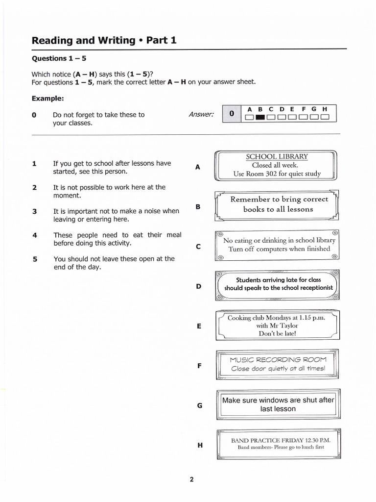 English Key For Schools Sample Paper 2 Reading and Writing v2 Organized ...
