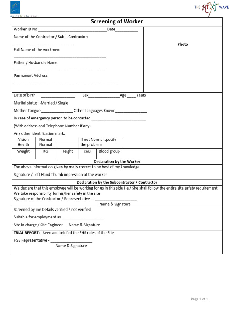 ANJ Contractor Worker Screening Form | PDF