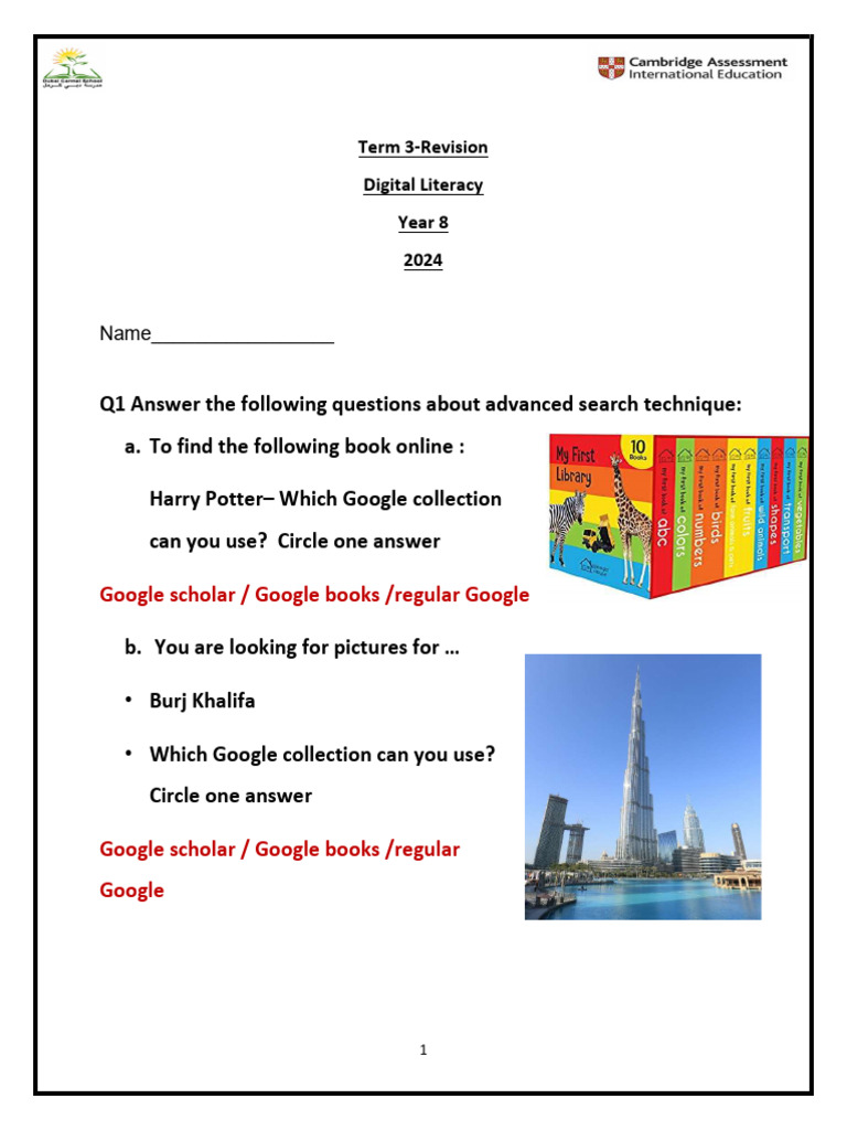 Name - : Term 3-Revision Digital Literacy Year 8 2024 | PDF