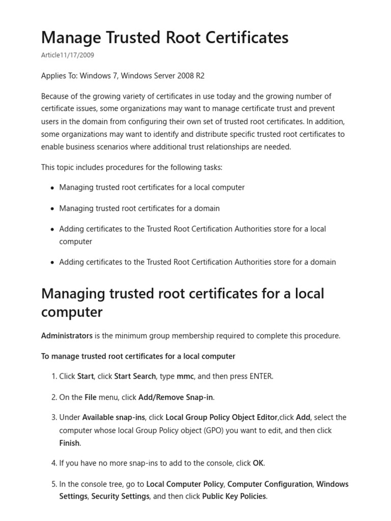 Manage Trusted Root Certificates - Microsoft Learn | PDF | Group Policy ...