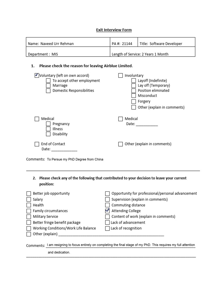 Exit Interview Form | PDF