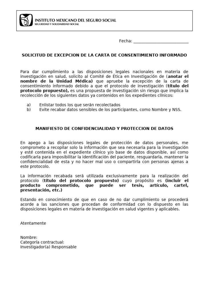 Formato Solicitud Excepción Consentimiento Informado 2024 | PDF