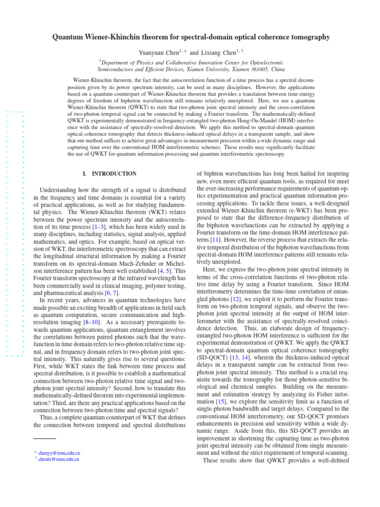Quantum Wiener-Khinchin Theorem For Spectral-Domain Optical Coherence Tomography | PDF