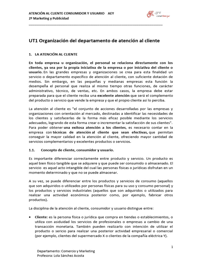 UT1 Organización Del Departamento de Atención Al Cliente | PDF