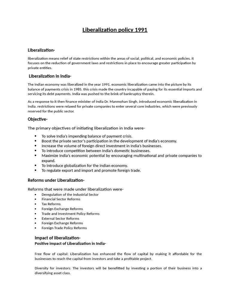 Liberalization Policy 1991 | PDF