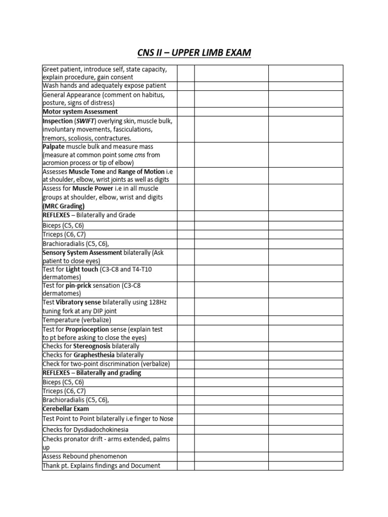 CNS II Exam - Upper Limb Assessment | PDF