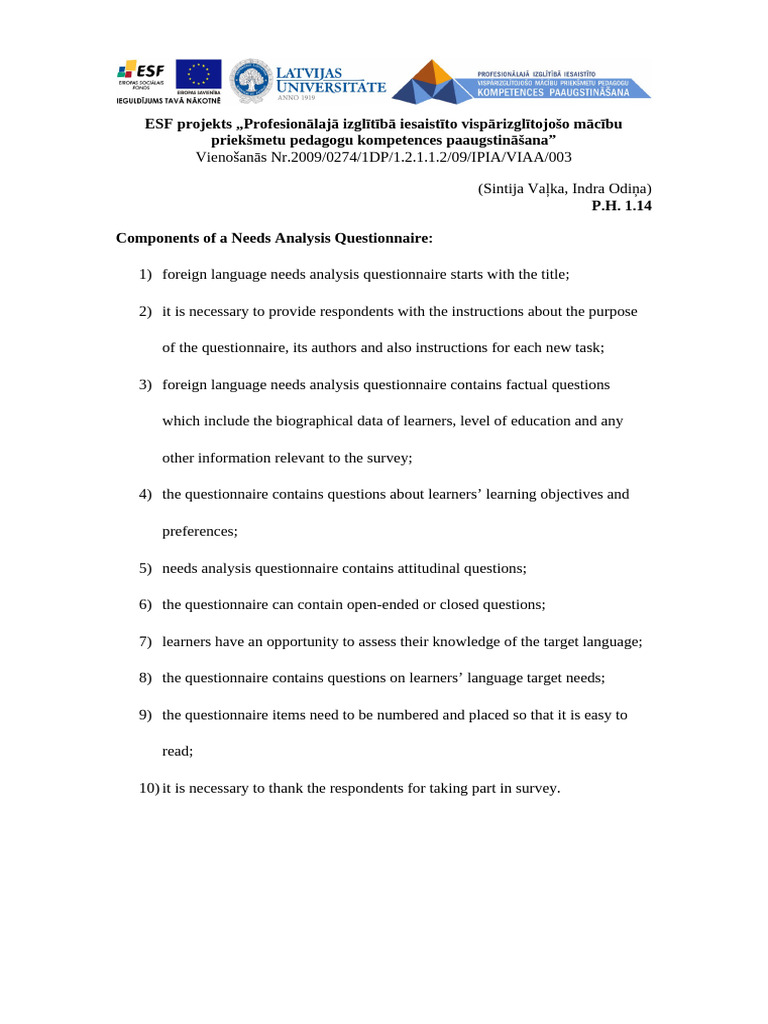 PH1.14 Components and Example Needs Analysis Questionnaire | PDF
