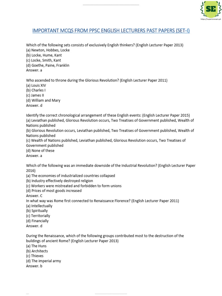 Important MCQs From Past Papers | PDF