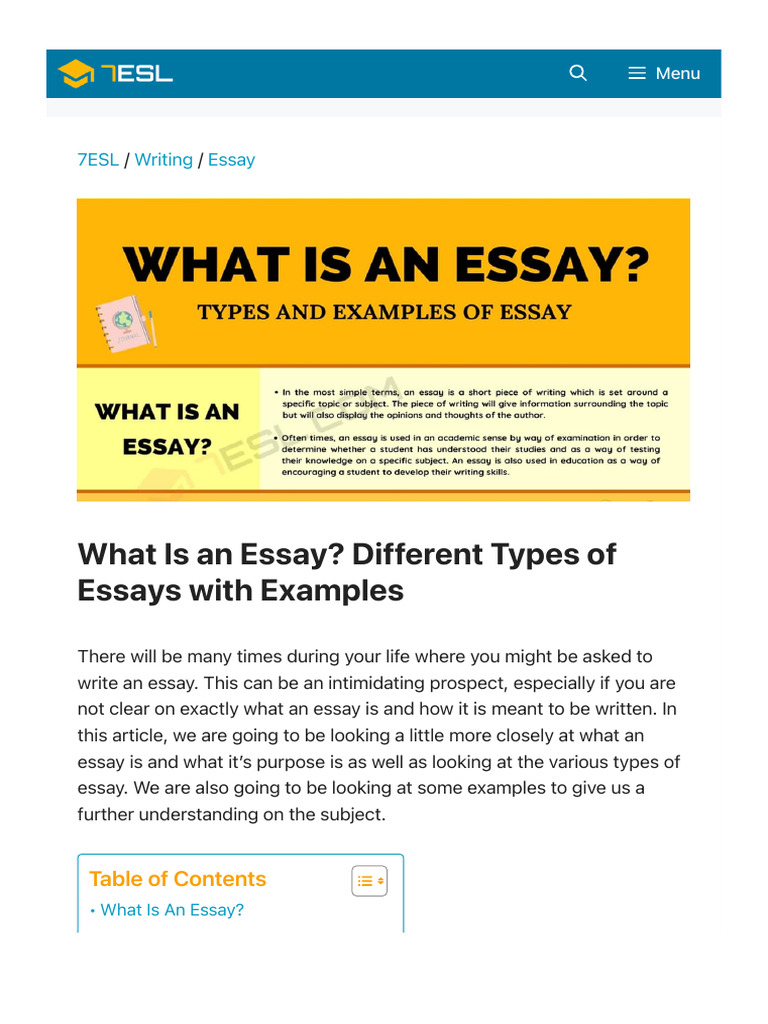 What Is An Essay? Different Types of Essays With Examples - 7ESL | PDF