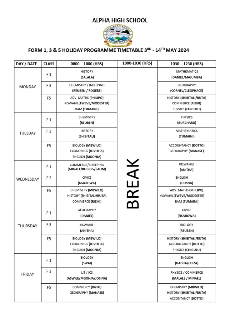 Holiday Timetable | PDF
