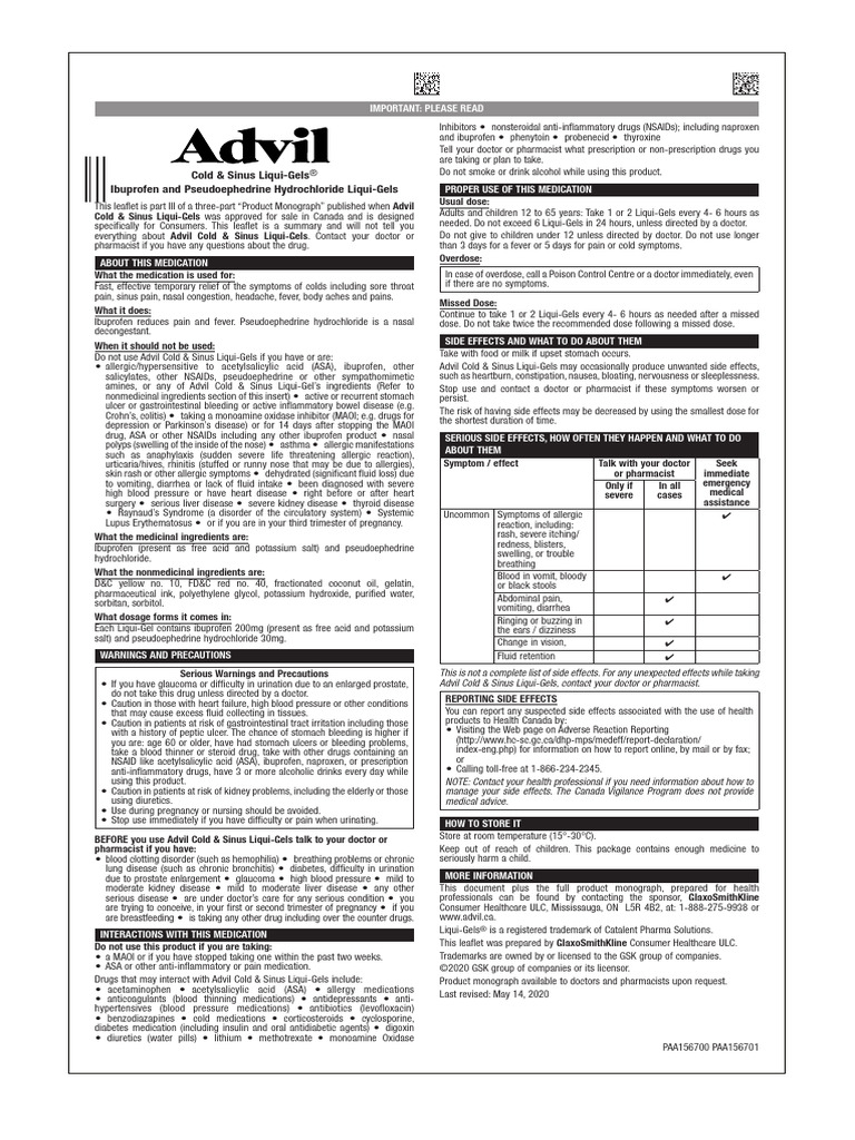 Advil Cold Sinus Liqui-Gels Insert English | PDF