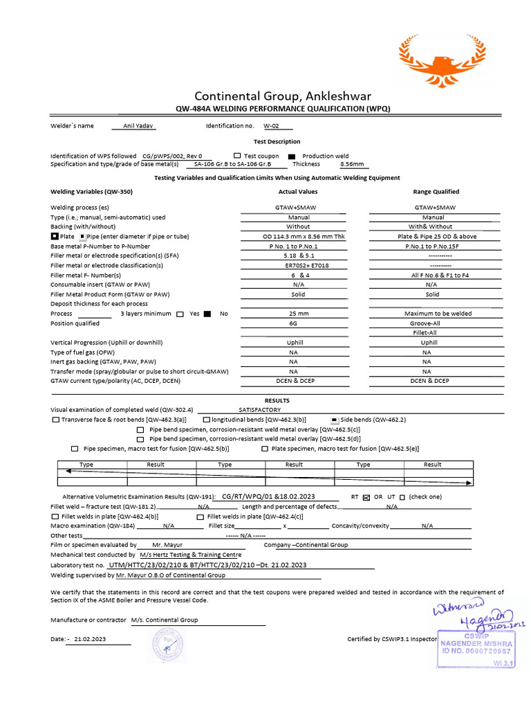 Continental Group, Ankleshwar: Qw-484A Welding Performance ...