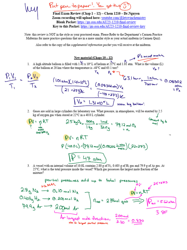 Chem 1210 - DRN Final Exam Zoom Review Packet KEY | PDF
