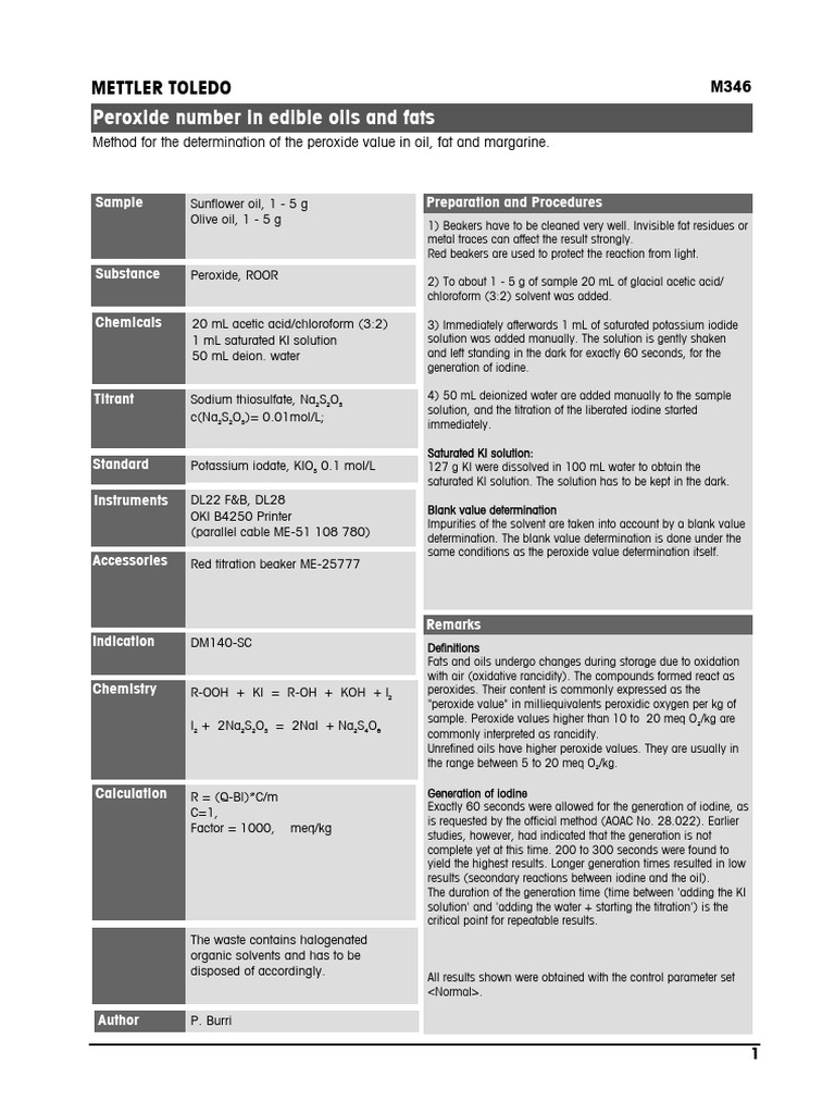 Peroxide Number in Edible Oils and Fats | PDF