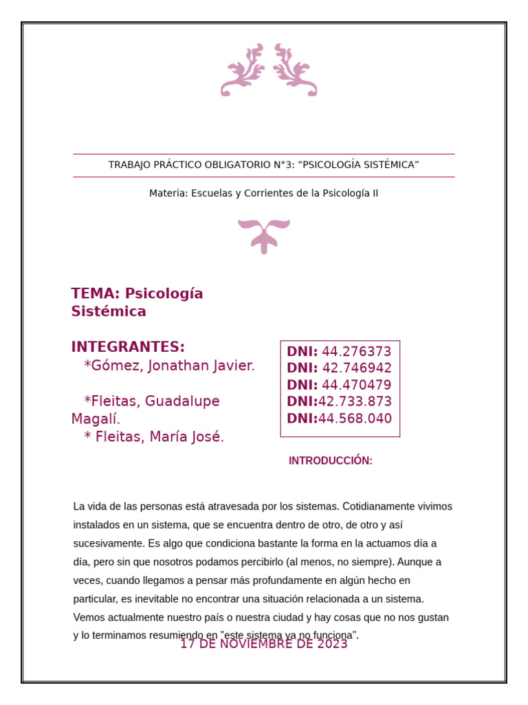 TP N°3 'Psicología Sistémica' ENTREGAR | PDF | Sistema | Sicología