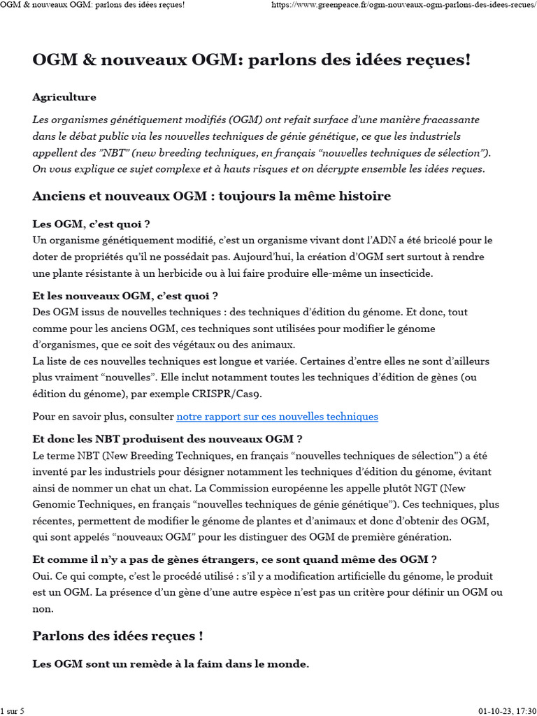 OGM & Nouveaux OGM Parlons Des Idées Reçues! - Greenpeace France | PDF