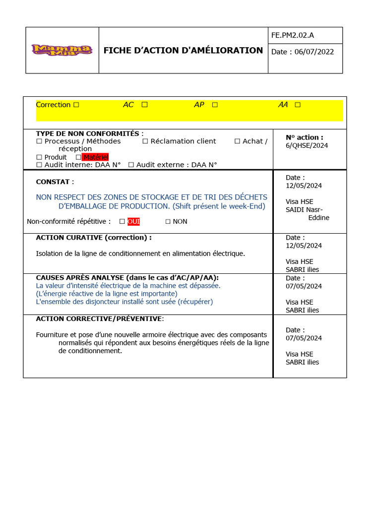 Fiche D'action D'amélioration | PDF
