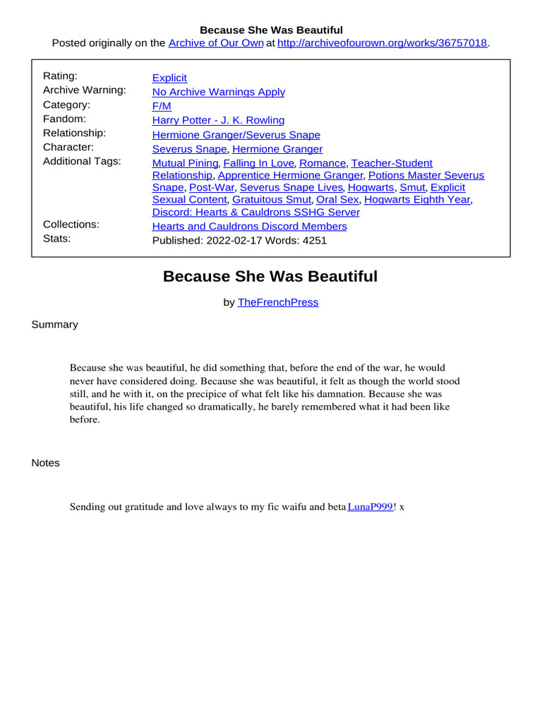 Because She Was Beautiful (Snanger) | PDF