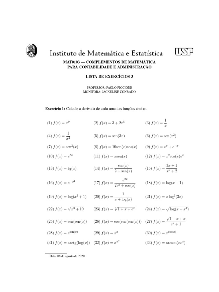 Cálculo 1 - Lista Derivadas | PDF