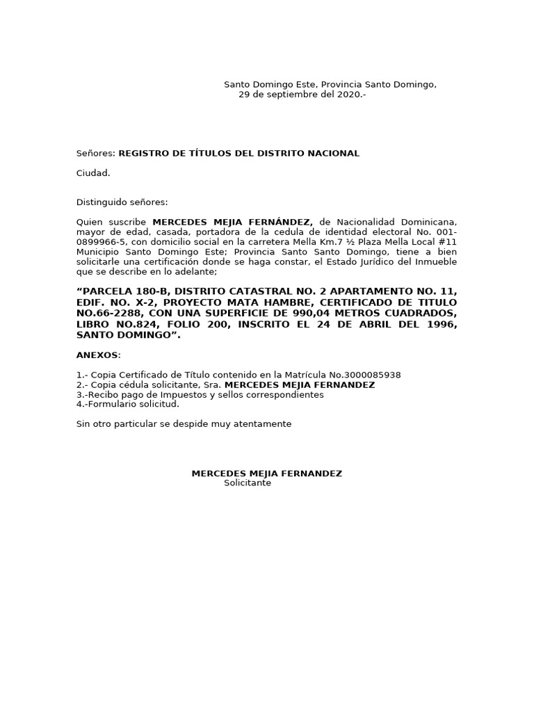 Solicitud Certificacion Estatus Juridico de Inmueble - Sanelia Mejia | PDF