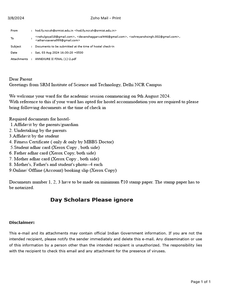 Documents To Be Submitted at The Time of Hostel Check-In | PDF