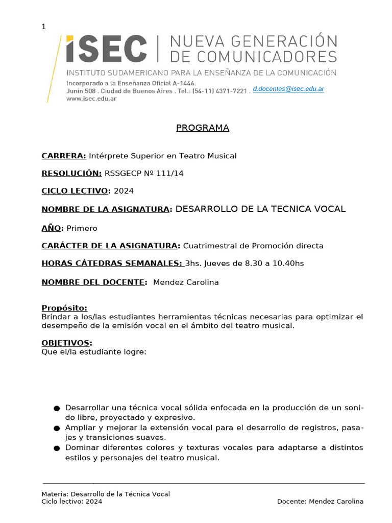 Desarrollo de La Tecnica Vocal TM A - 2024 | PDF