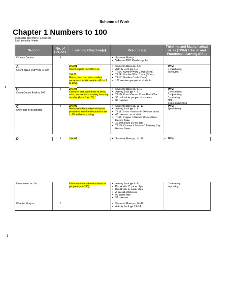 MCE Cambridge Primary Maths 2E Stage2 SOW and LP C01 | PDF