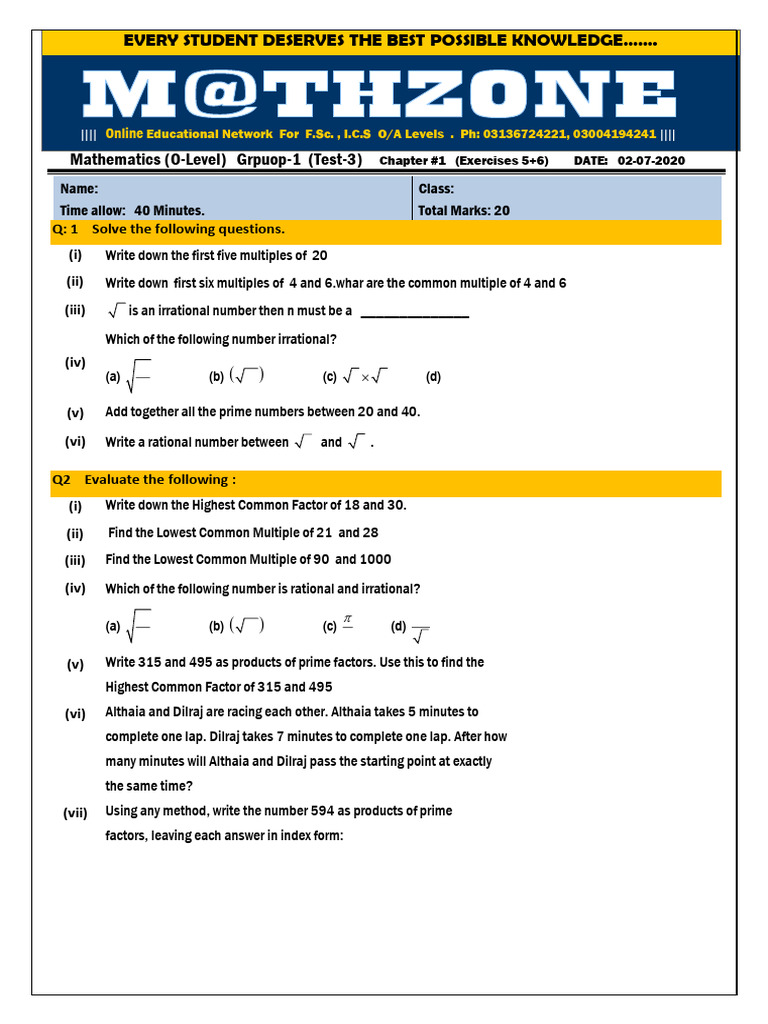 O-Level (Math) Chapter-1 (Test-3) Ex (5+6) | PDF