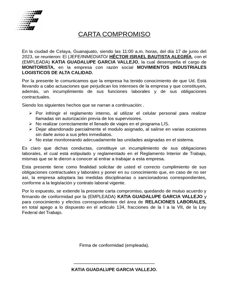 Carta Compromiso Laboral | PDF