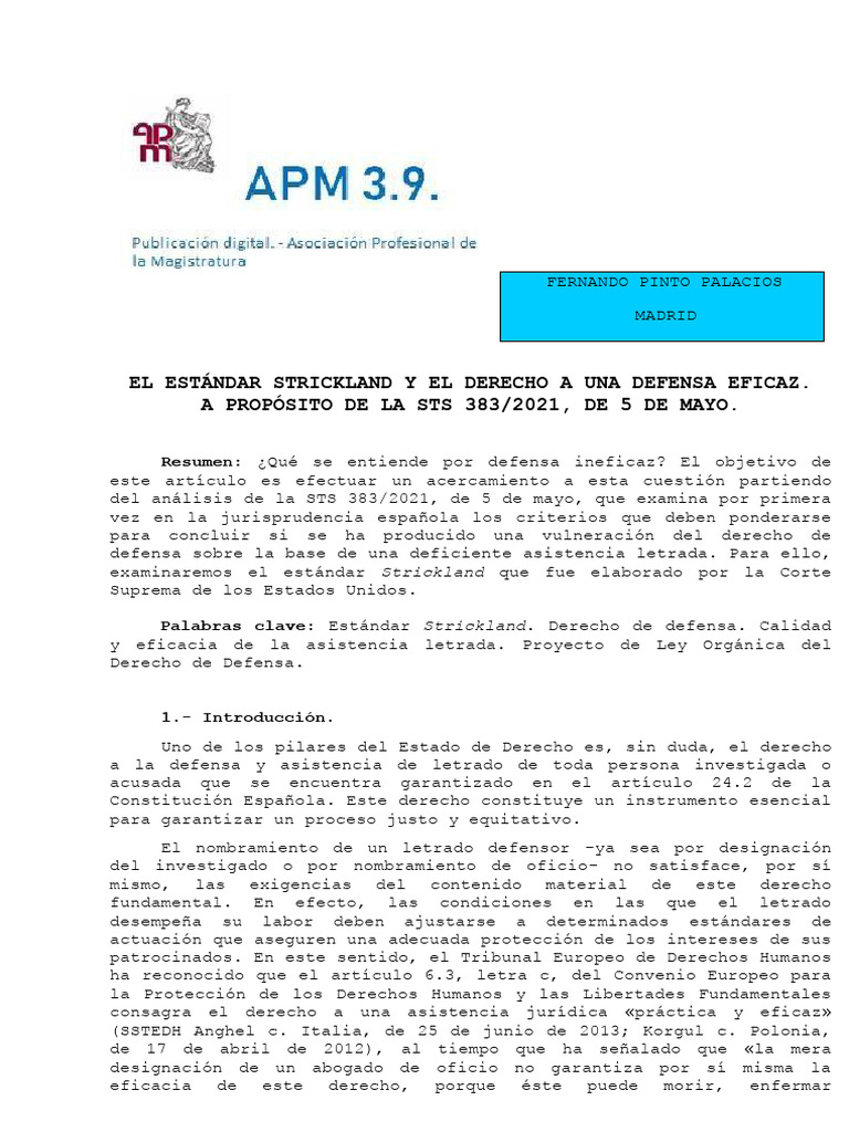 Apm 3.9. Fernando Pinto Palacios. El Estandar Strickland y El Derecho A Una Defensa Eficaz. A ...