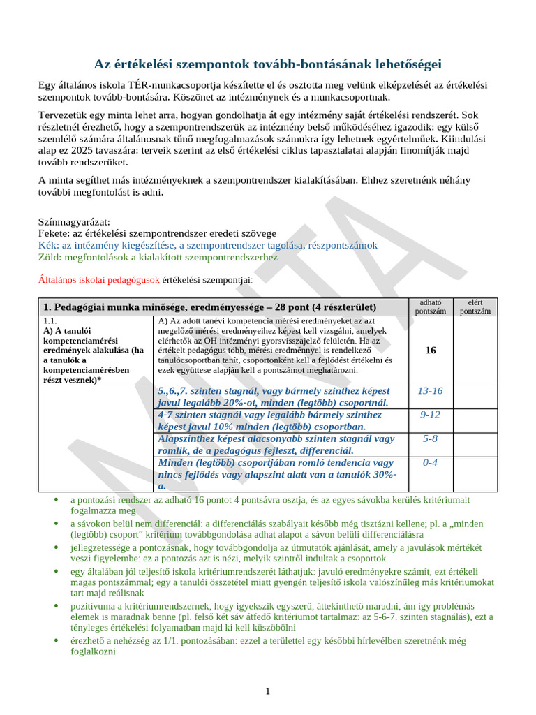 Pedagogus TER Altalanos Iskola Ertekelesi Szempontok MINTA | PDF