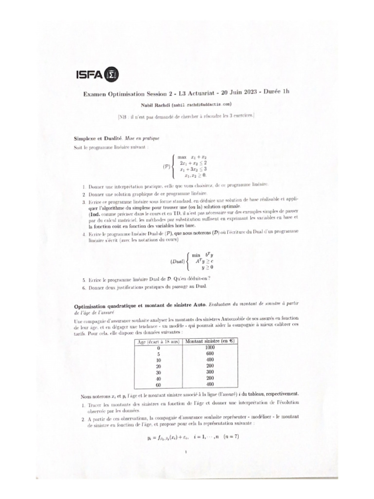 Examen Optimisation Session 2 - L3 Actuariat - 20 Juin 2023 - Durée 1h | PDF