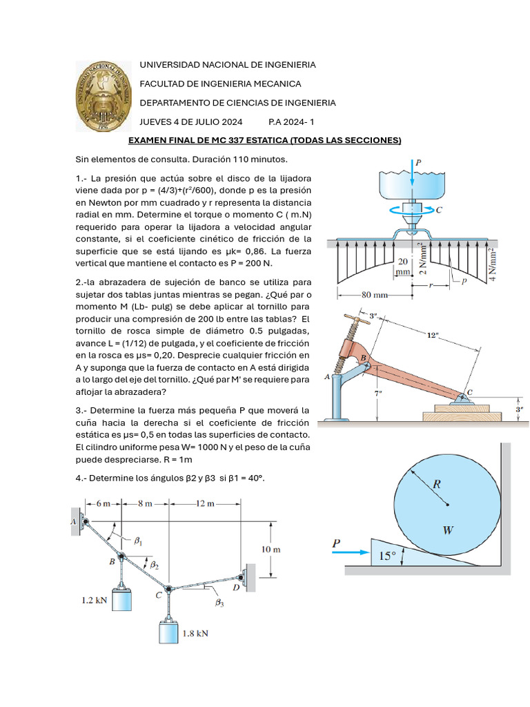 Solucionario MC 337 Estatica Examen Final 2024 - 1 | PDF