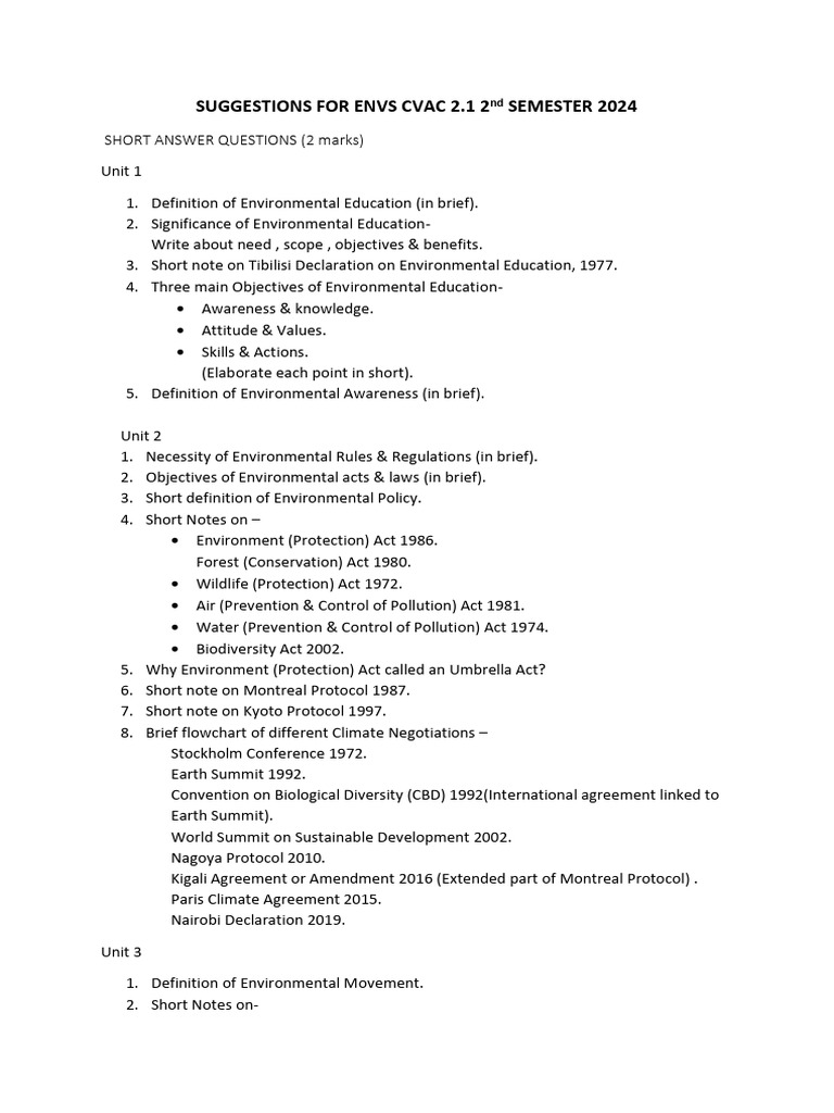 SUGGESTIONS FOR ENVS CVAC 2.1 - Short Questions | PDF