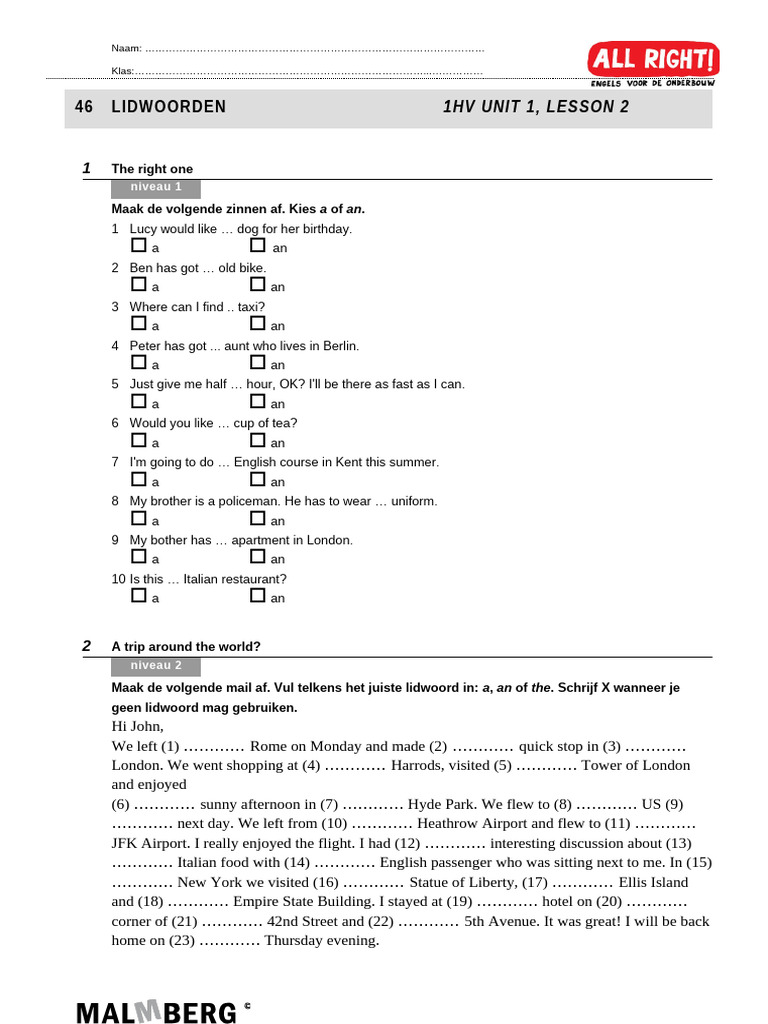 1HV Werkblad 46 Lidwoorden | PDF