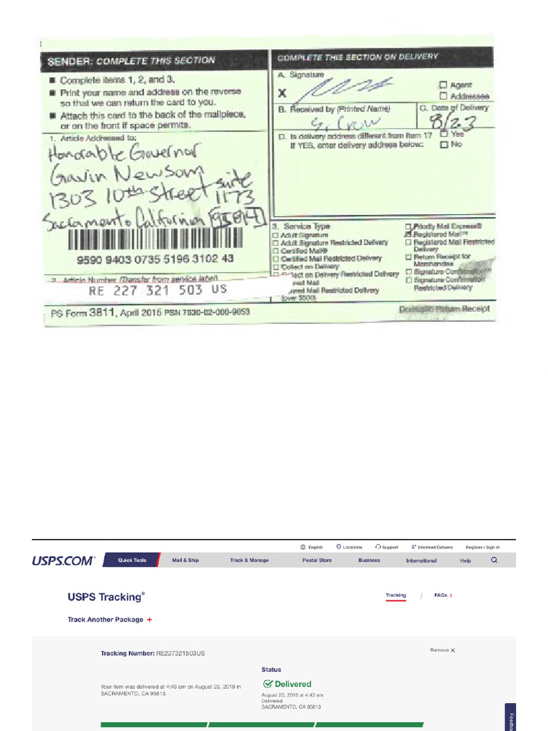 Re: FAMSS 1103207 USPS Registered Mail Confirmed Signature Delivery To ...