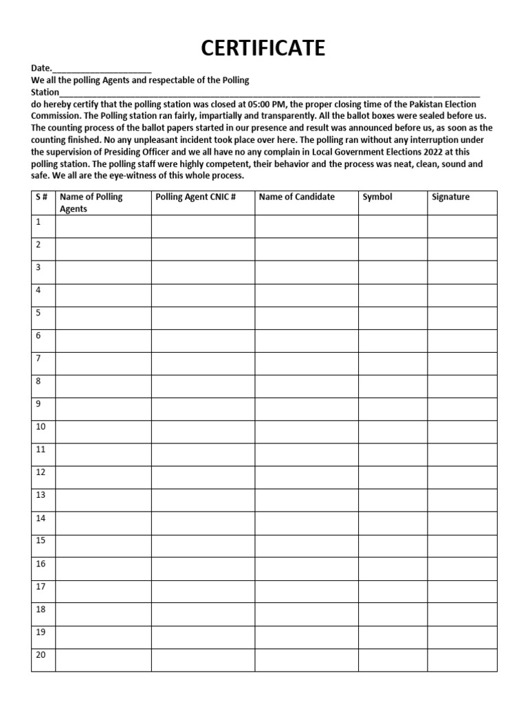 Election Polling Station Certificate | PDF