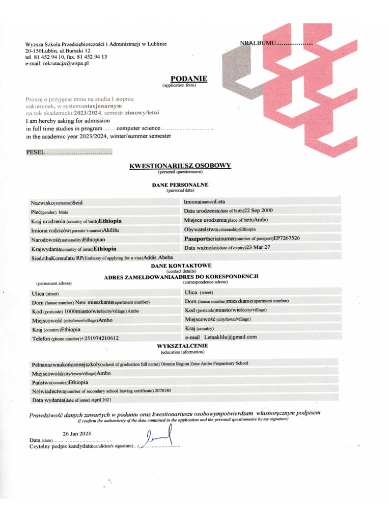 Application Form BA BSc. | PDF