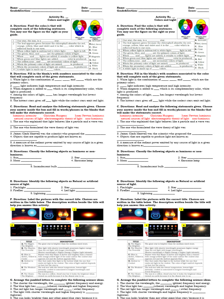 Light and Colors Activities | PDF